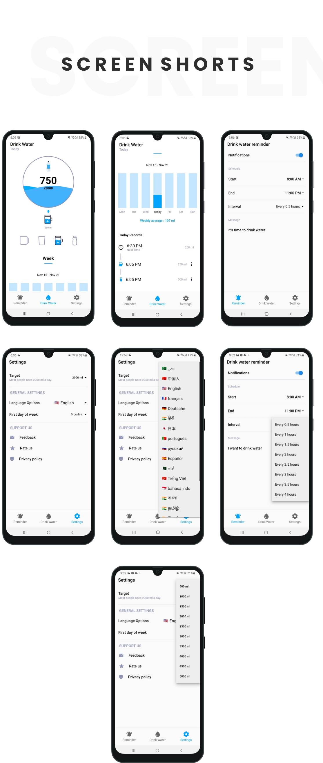 Drinking Water Reminder Flutter Android And Ios App 40 Languages